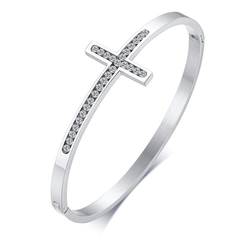 Crystal Cross Bangle Bracelet for Women Silver Col... – Grandado