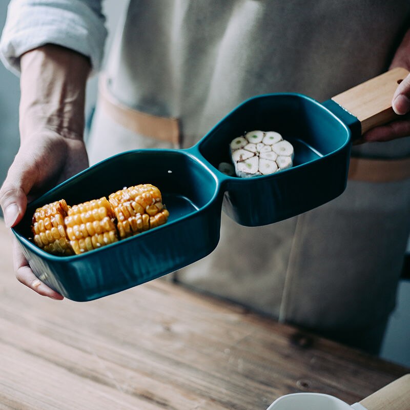 Ceramic divided bowl matte two-grid handle bowl sa... – Grandado