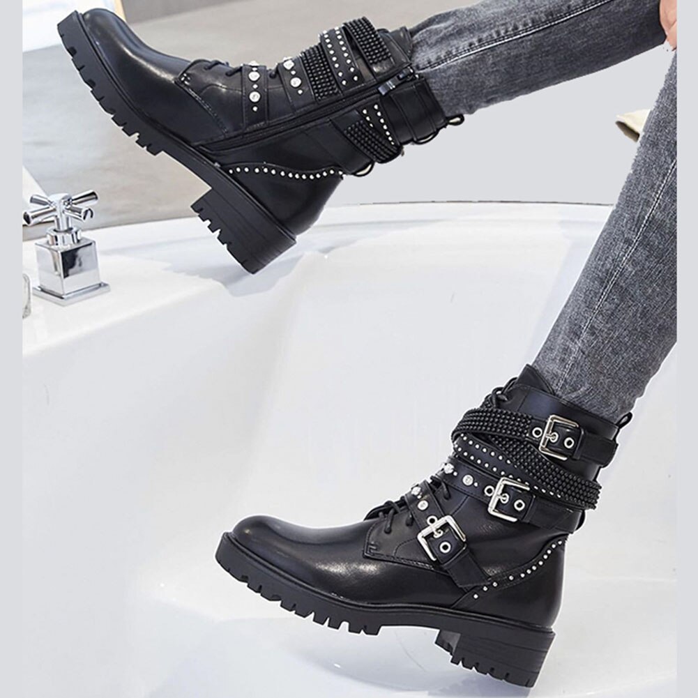 SaraIris Punk Platform Boots Women Pearl Buckle Bo... – Grandado