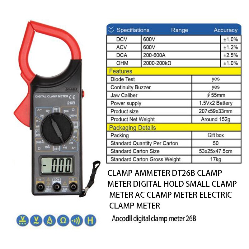 Clamp ammeter DT26B clamp AC clamp table, electric... – Vicedeal
