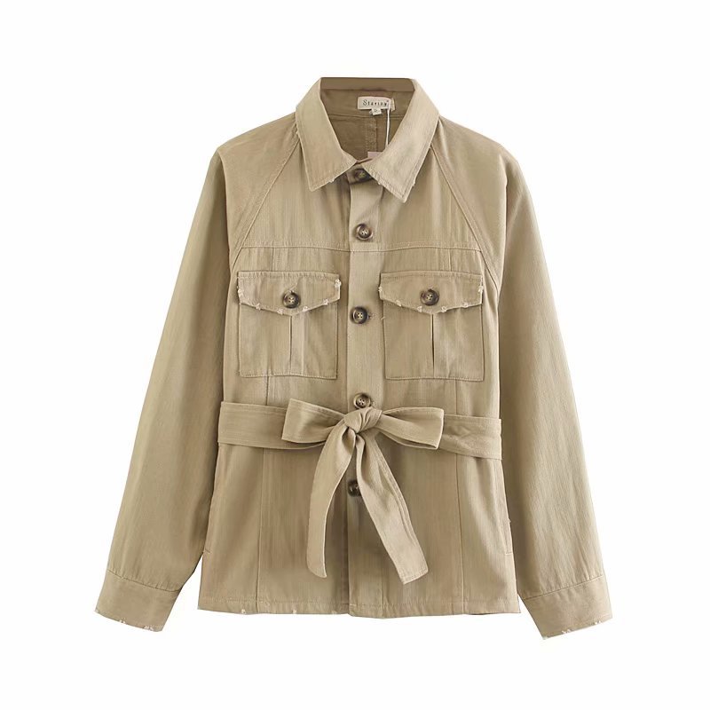 vintage khaki cargo denim jacket women casual sash... – Vicedeal