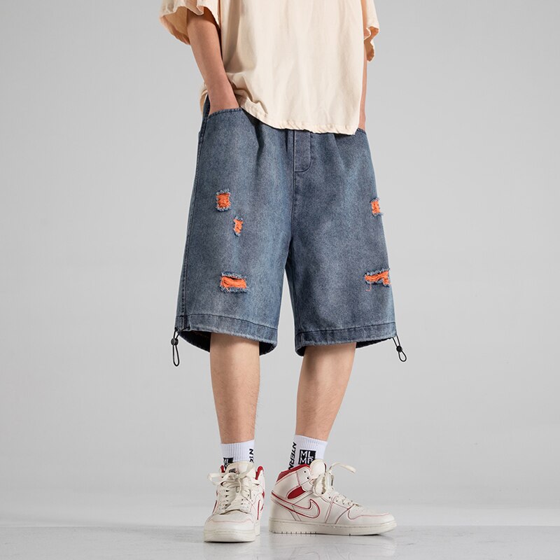 Summer Men Ripped Denim Shorts Casual Drawsting Kn... – Grandado