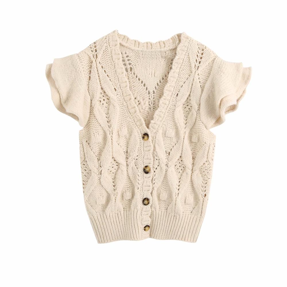 Dam toppar beige solid stickad knapp volang ärmlös... – Grandado