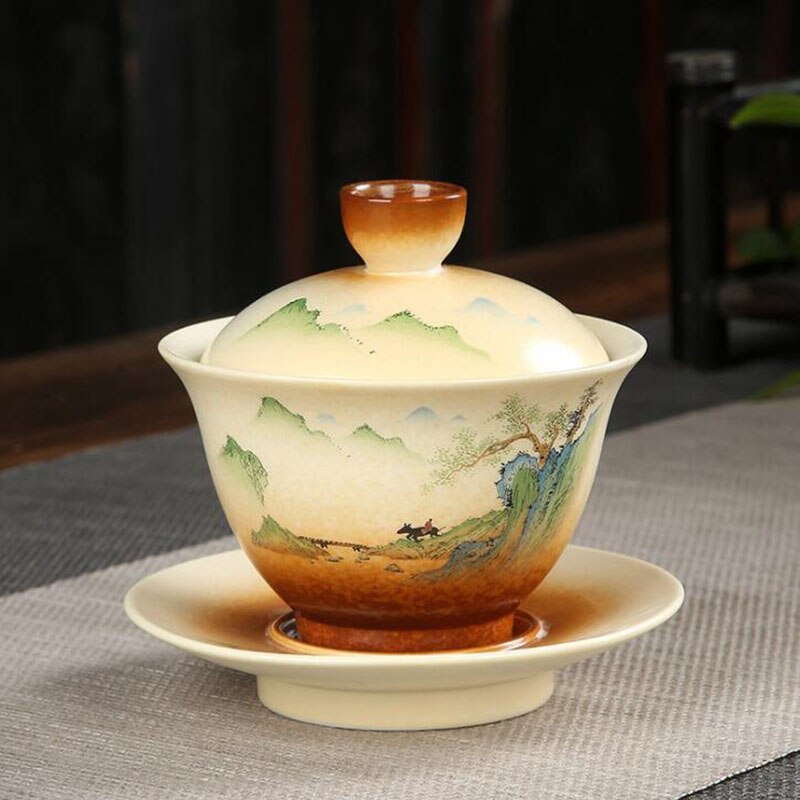 Retro Coarse Pottery Sancai Gaiwan Hand-painted Te... – Grandado