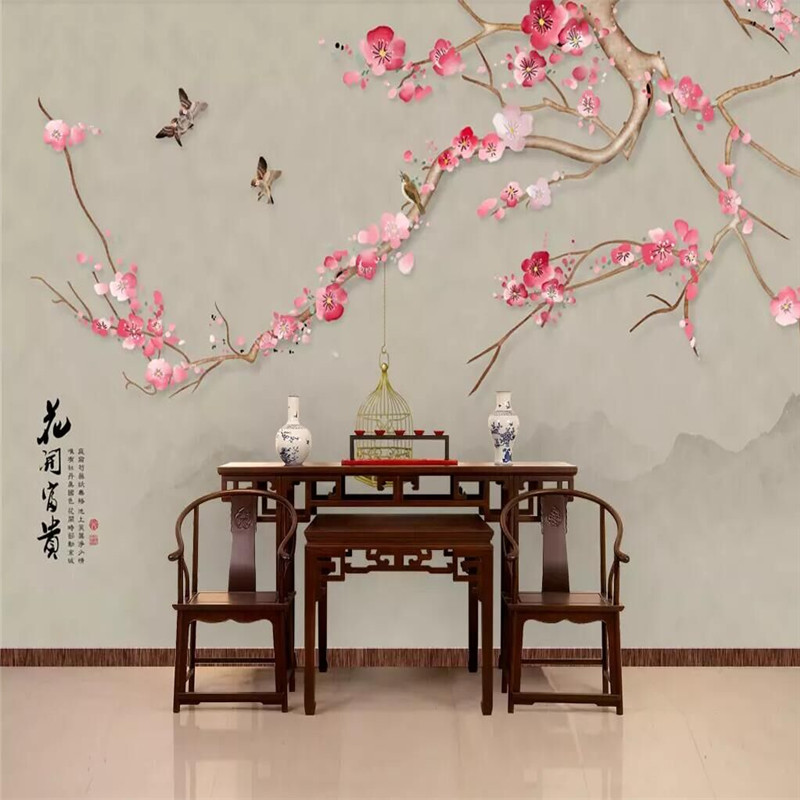 Hand geschilderde bloemen en vogels rode plum inkt... – Grandado