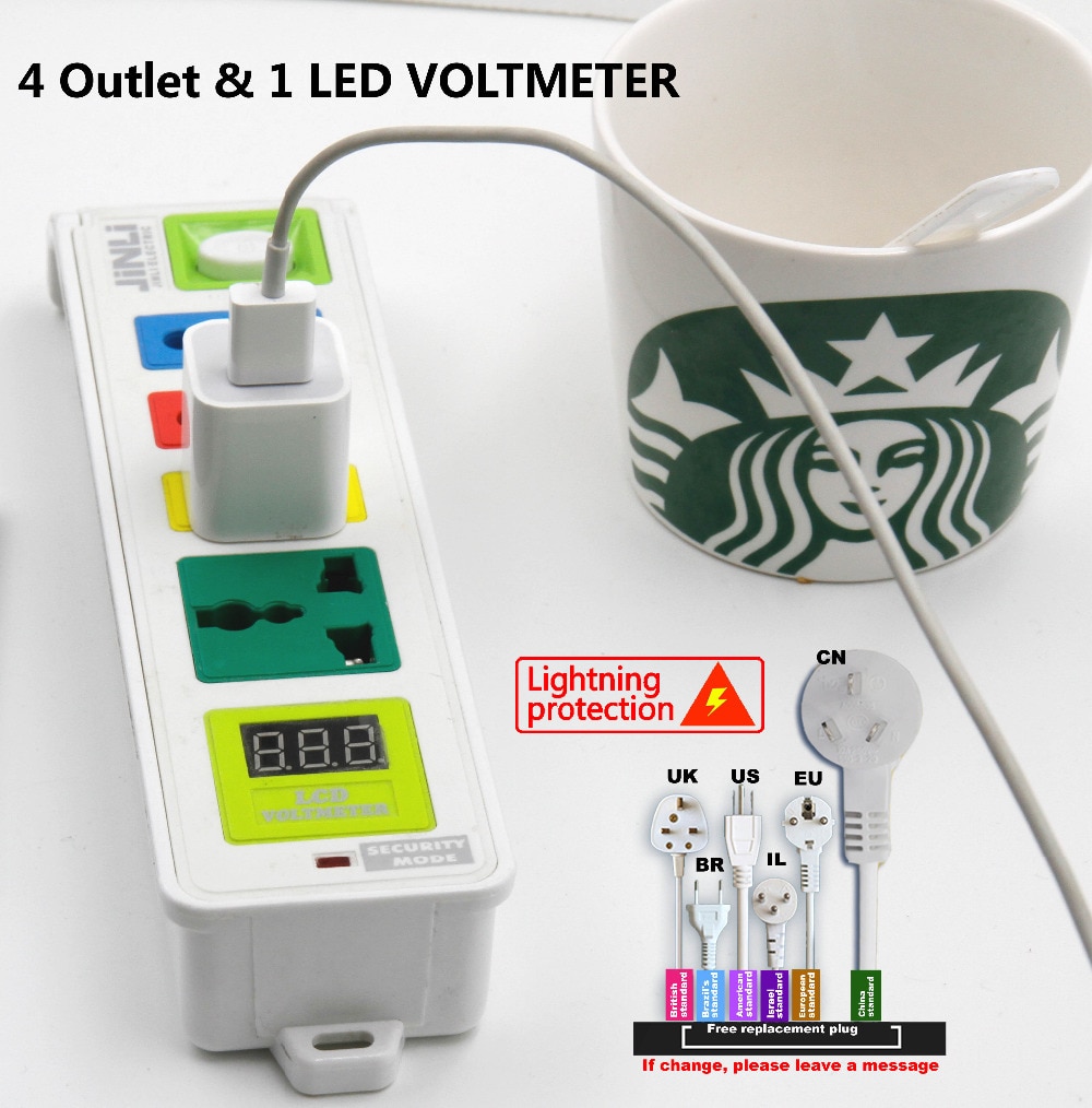 AU EU UK US 4 Outlet voltmeter socket with Lightni... – Grandado
