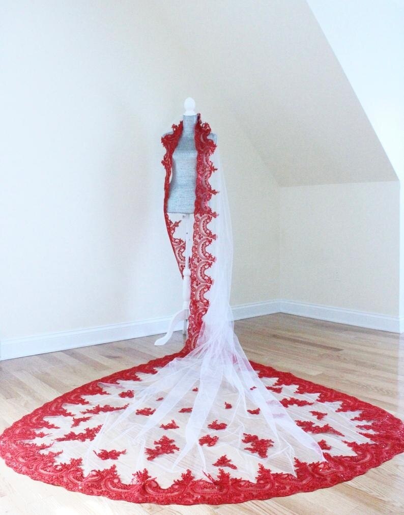 Cathedral Veil with Red Sequined Lace, Red Appliqu... – Grandado