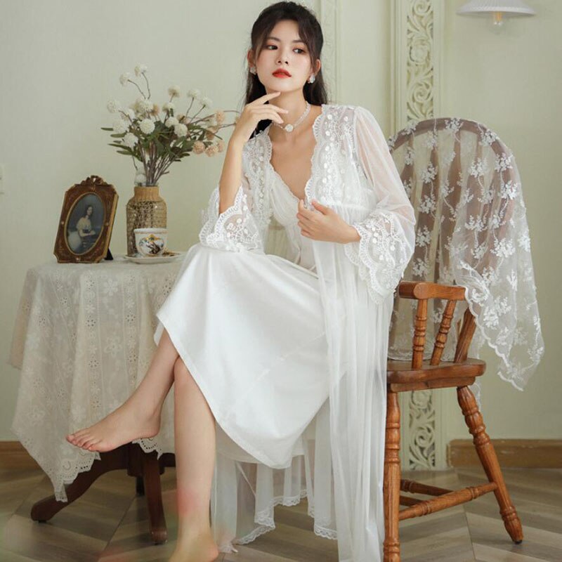 Lace Princess Nightgown Robe White Negligee Long L... – Vicedeal