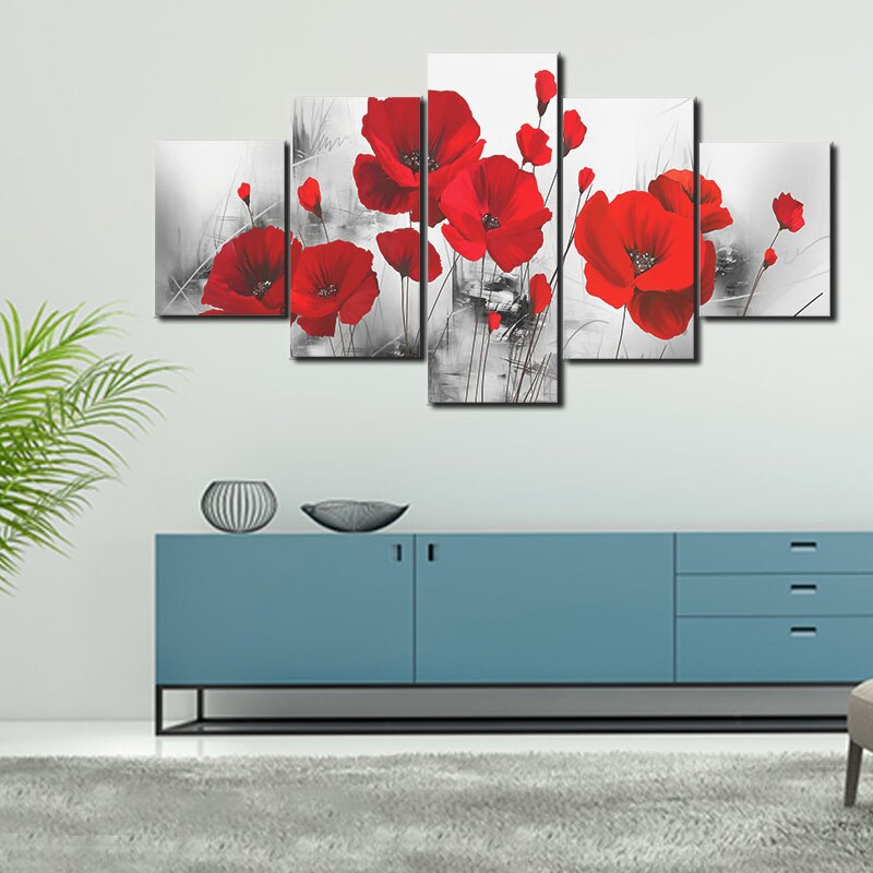 Painted Red Rose Oil Painting Reproductions 5 Piec... – Vicedeal