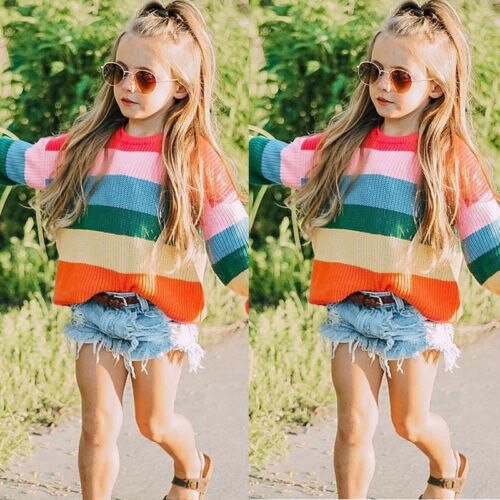 Rainbow Stripe Sweaters Kid Baby Girl Multi Stripe... – Grandado