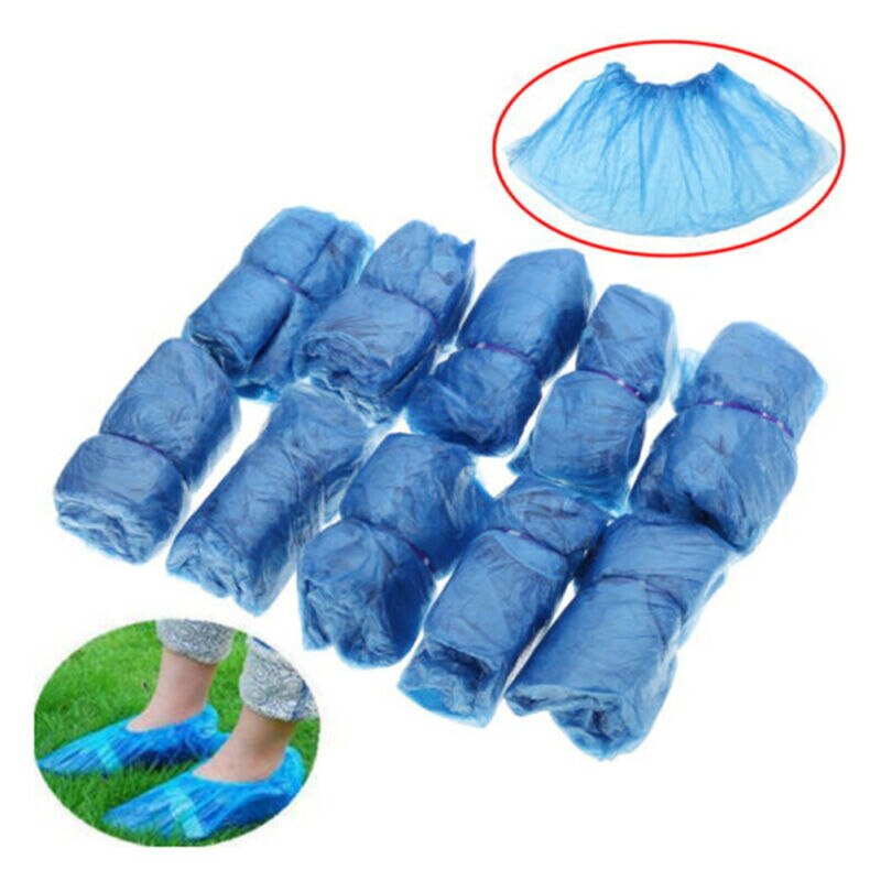 100 Disposable Shoe Cover Overshoes Blue Anti Slip Plastic Cleaning ...