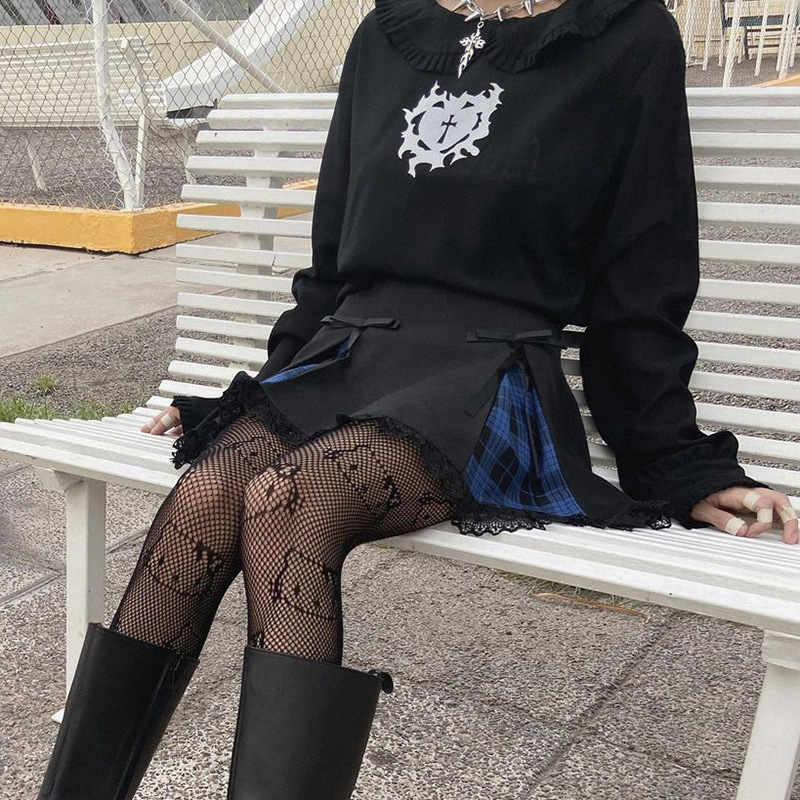 Dark Lace Blue Plaid Pattern Patch Bow Skirt Gothi... – Vicedeal