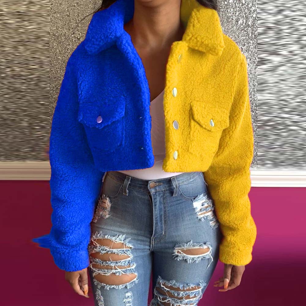 Yellow Blue Color Block Spliced Crop Jackets Women... – Grandado