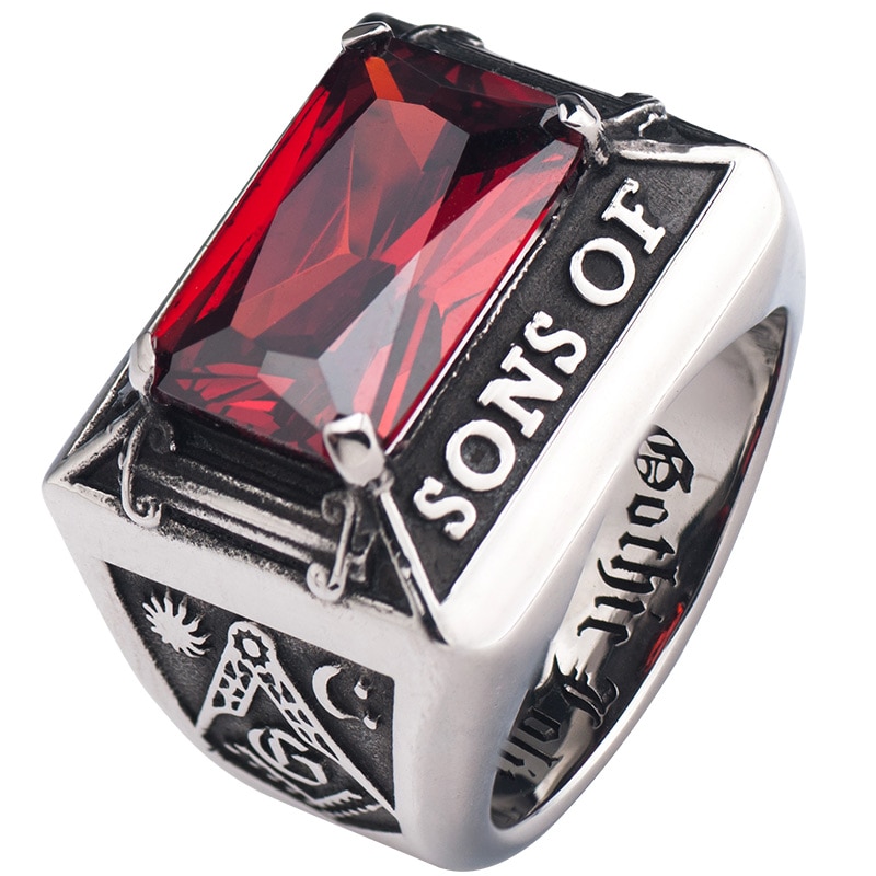 Free Mason with red Zircon Ring For Men Four Prong... – Vicedeal