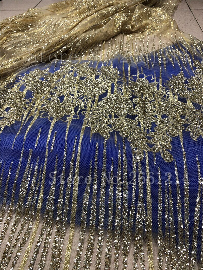 Gold Color Glued Glitter African Tulle Mesh Lace Fabric Best Nigerian