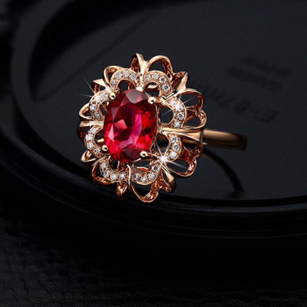 Gold Color Ring Jewelry Red CZ Stone Flower Rings ... – Vicedeal