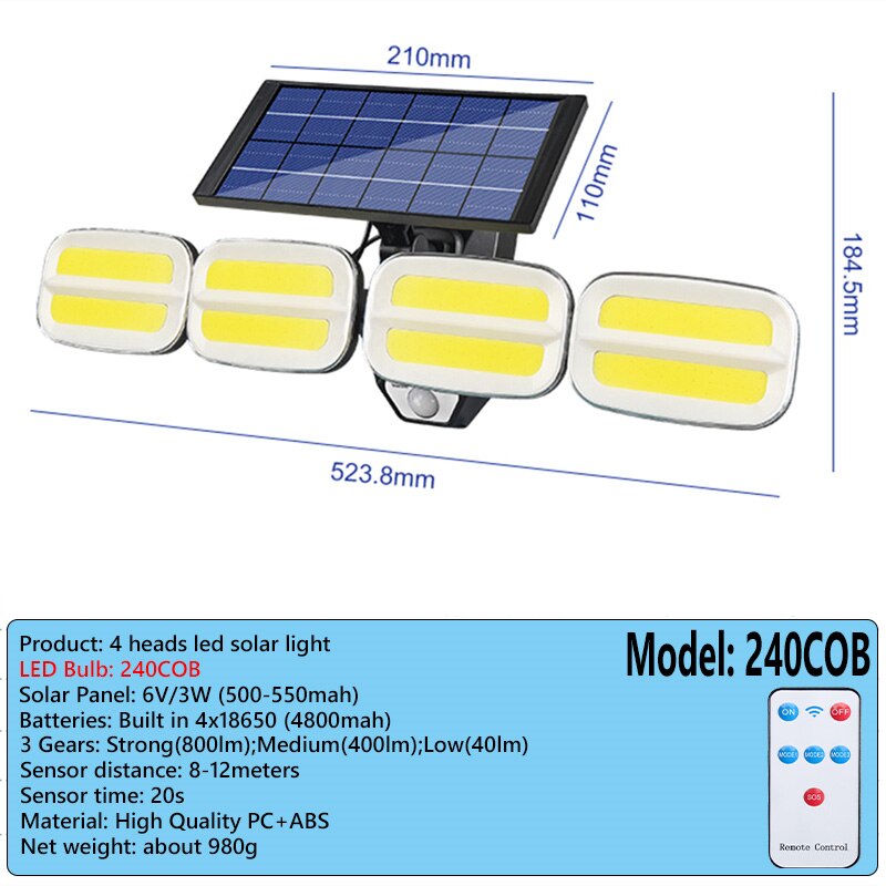 240 Cob Solar Led Light Outdoor 4 Hoofd Motion Sen... – Grandado