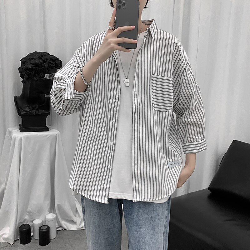 Mannen Shirts Gestreepte Drie Kwart Mouw Losse Cas... – Grandado