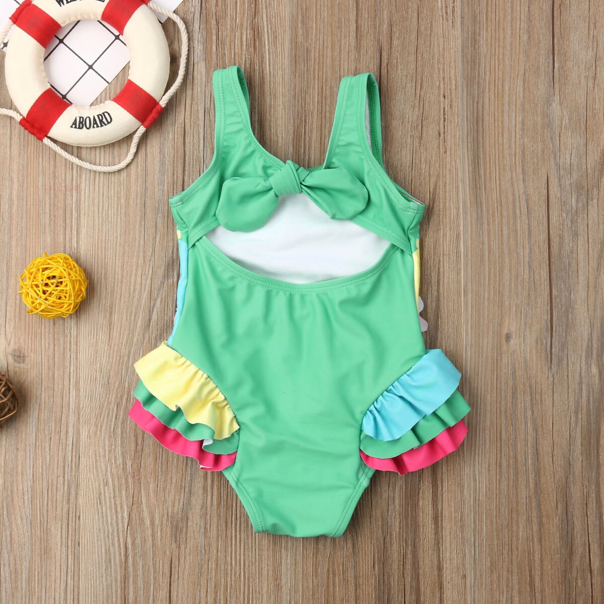 Baby Girl Green Bird Printed Ruffled Swimsuit Swim... – Grandado