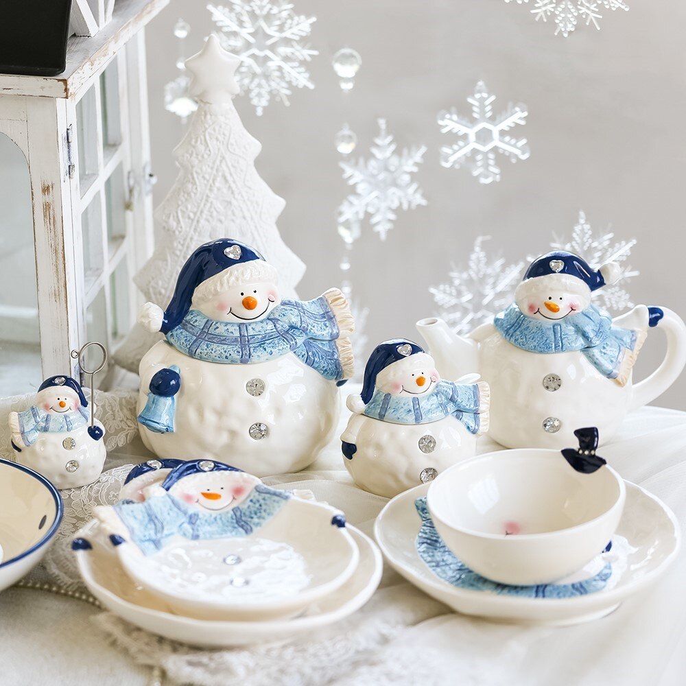 Blue Snowman Plates Christmas Home Decor Snack Dis... – Grandado