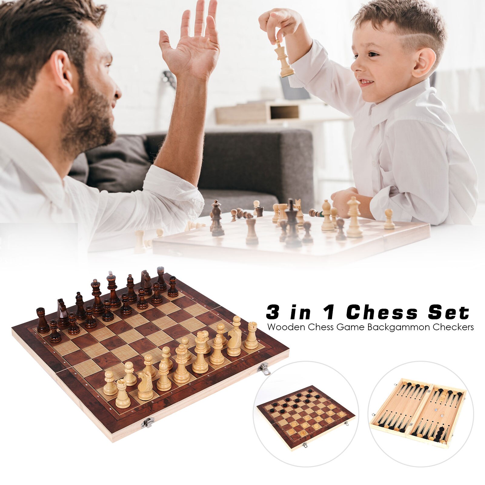 3 in 1 Foldable Wooden Chess Board Set Travel Game... – Grandado