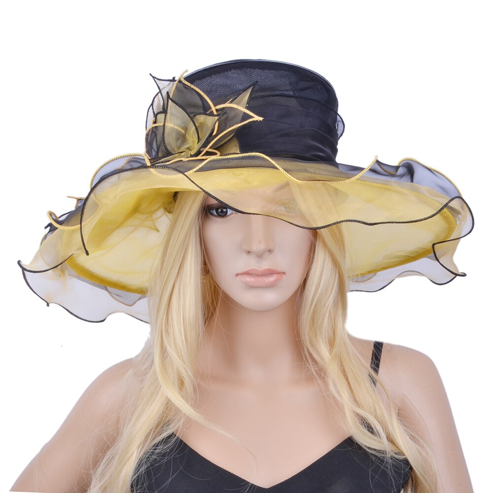 Yellow black big organza hat with leaves flowers f... – Grandado