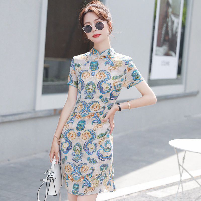 2022 Chinese Style Print Mulberry Silk Mini Dress ... – Grandado