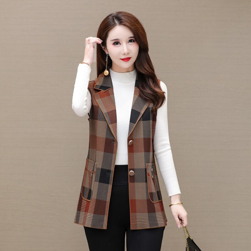 #0780 Spring Plaid Vest Women Outerwear Middle Old... – Grandado