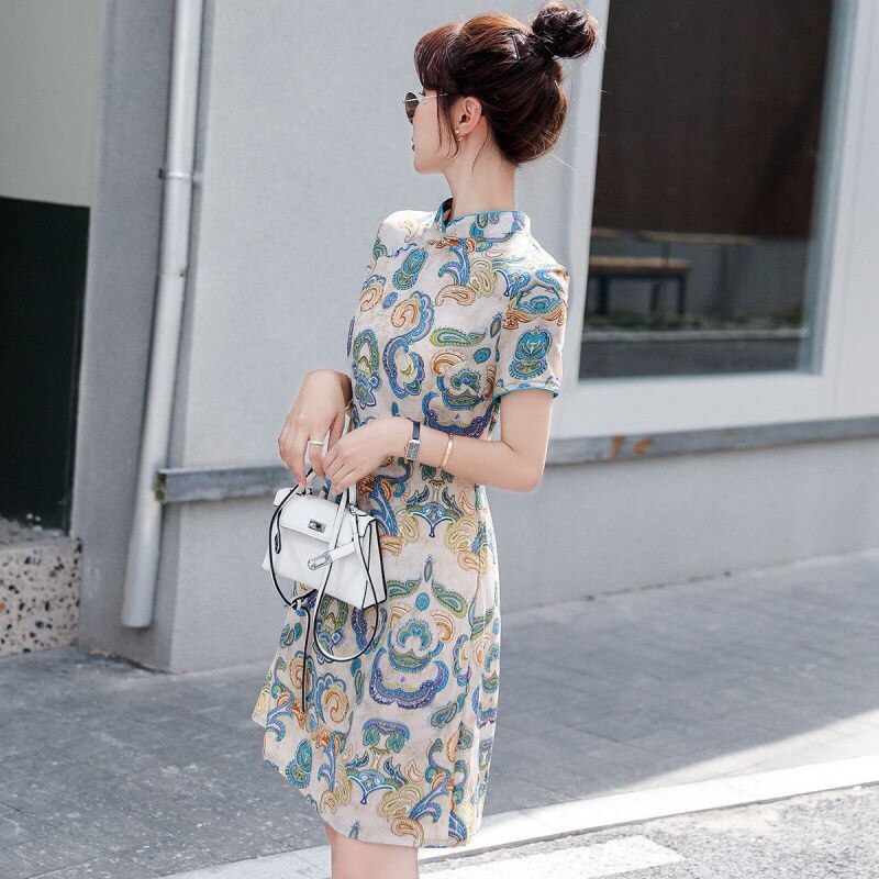2022 Chinese Style Print Mulberry Silk Mini Dress ... – Grandado
