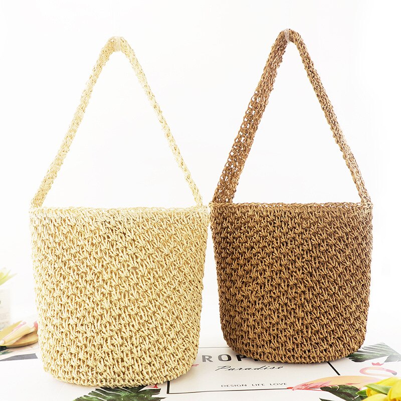 Summer Straw Weaving Bucket Bag for Women Hollowed... – Grandado