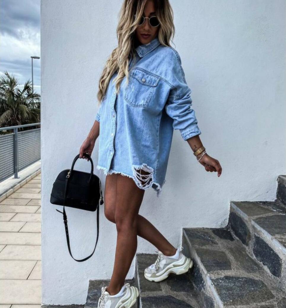 Women Denim Button Shirt Vintage Jean Ripped Hole ... – Grandado