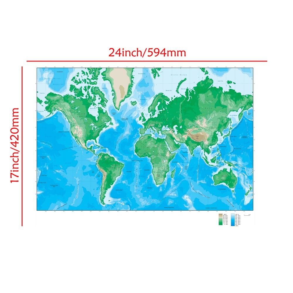 A2 Size World Elevation Map Waterproof Fine Canvas... – Grandado