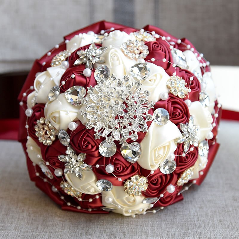 Kyunovia Burgundy Brooch Bouquet Ivory Bride Bouqu... – Grandado