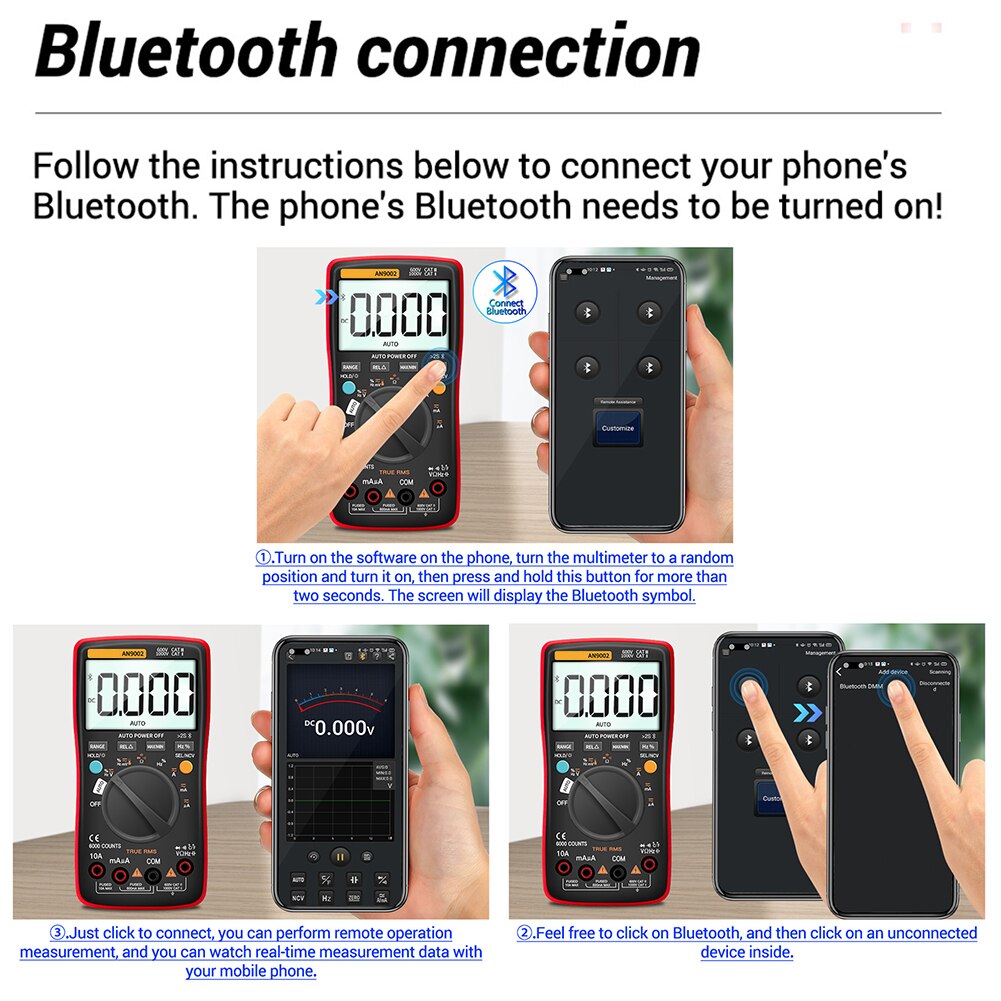 AN9002 Battery Powered Bluetooth Digital Multimeter Tool APP 6000 ...