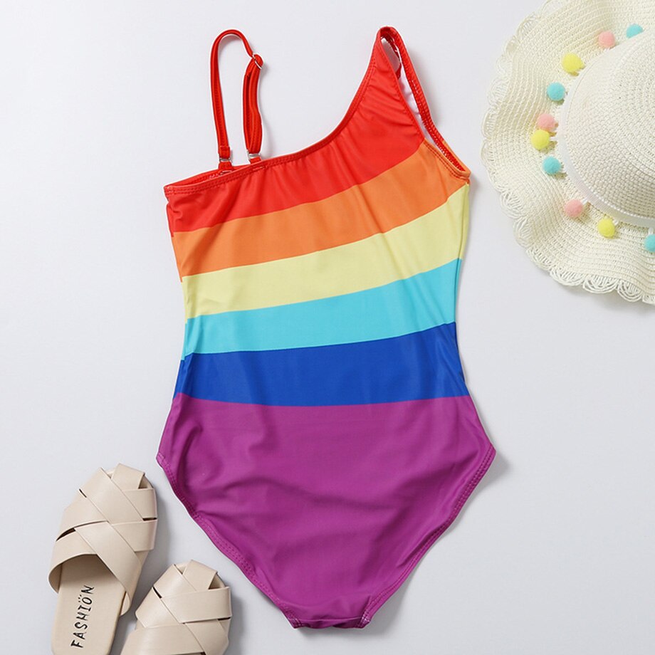 Rainbow Color Girl Swimsuit Teenage Girl One Piece... – Grandado