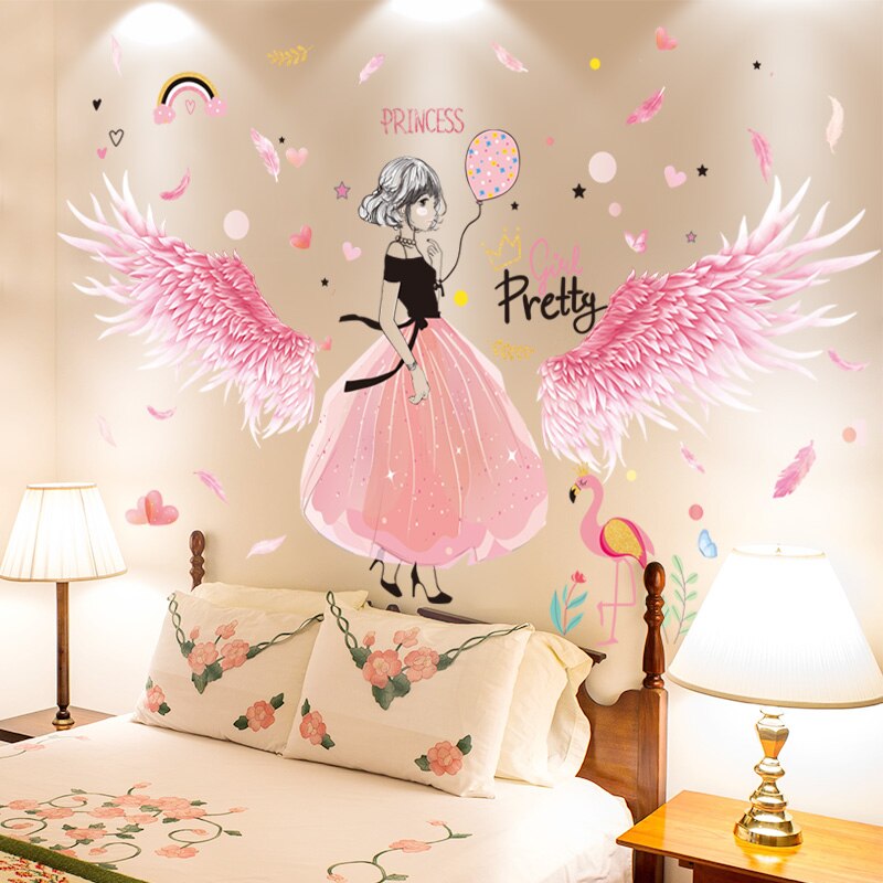 Pink Feathers Wing Cartoon Girl Wall Sticker Wallp... – Grandado