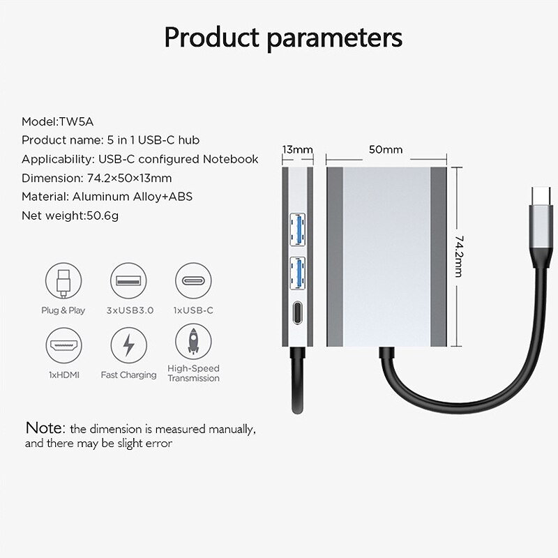 5 in 1 USB C Hub /Type C Data Hub with 5-Port 3 US... – Grandado