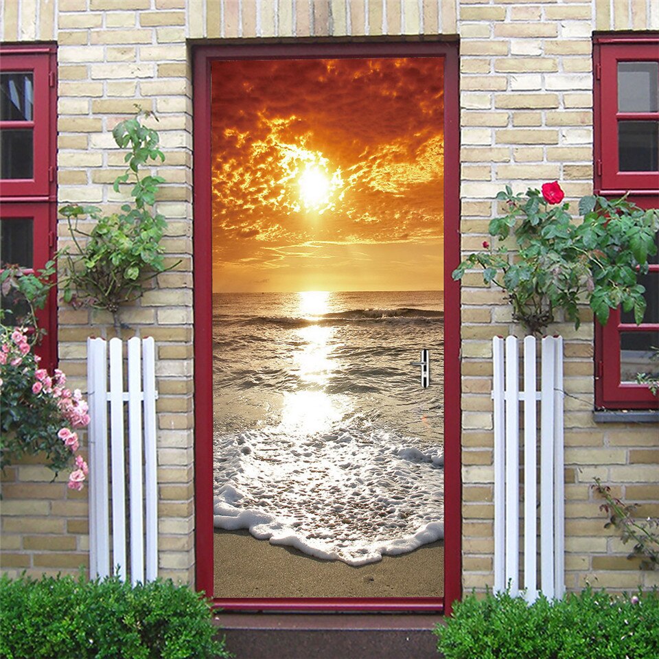 Modern Beach Sunset Nature Door Stickers Mural PVC... – Grandado