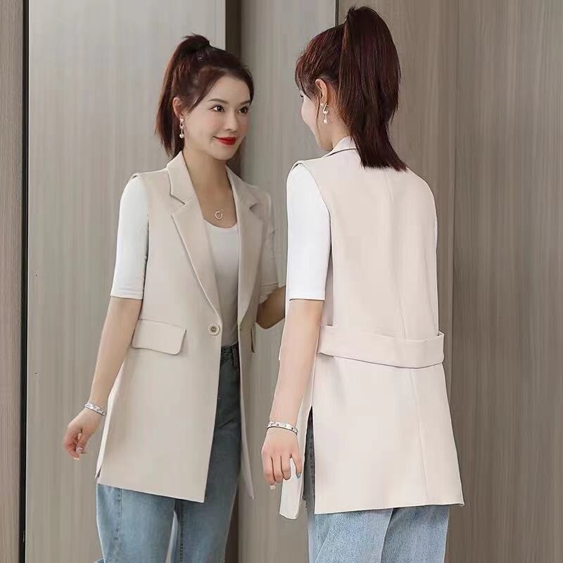 #0710 Black Beige Sleeveless Blazer Women Outerwea... – Grandado