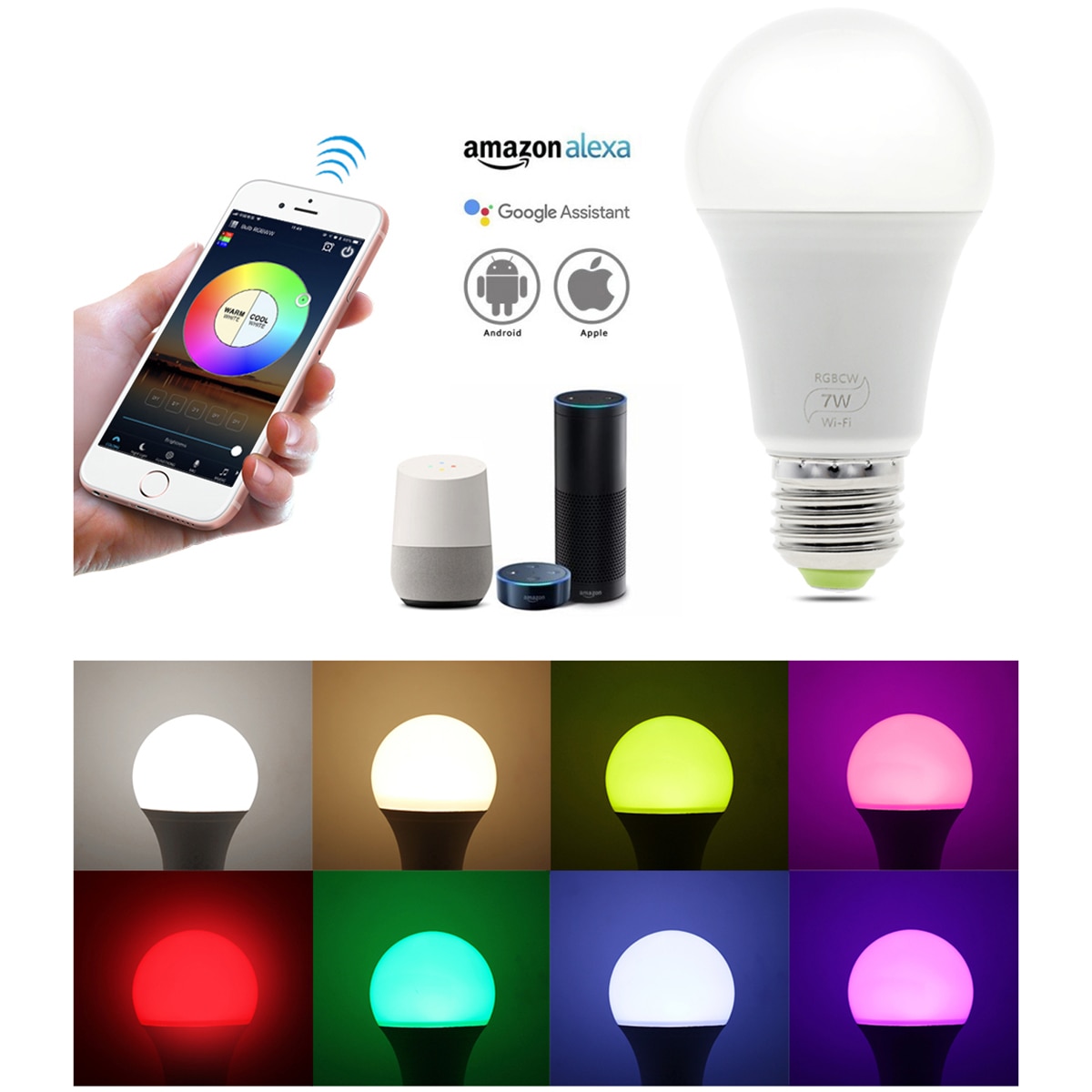 Smart Led Lamp Dimbare E27 7W Smart Bulb Wifi App ... – Vicedeal