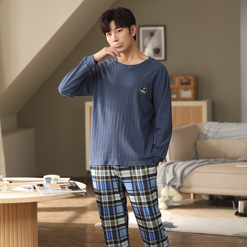 Blue long sleeve tops + plaid pants pajama sets fo... – Grandado