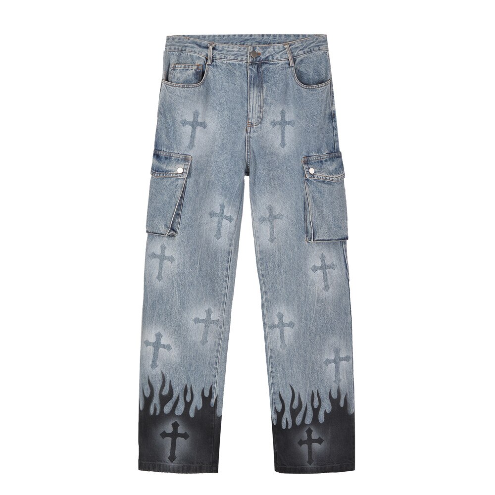 Cross Print Denim Pants Mens High Street Gradient ... – Vicedeal