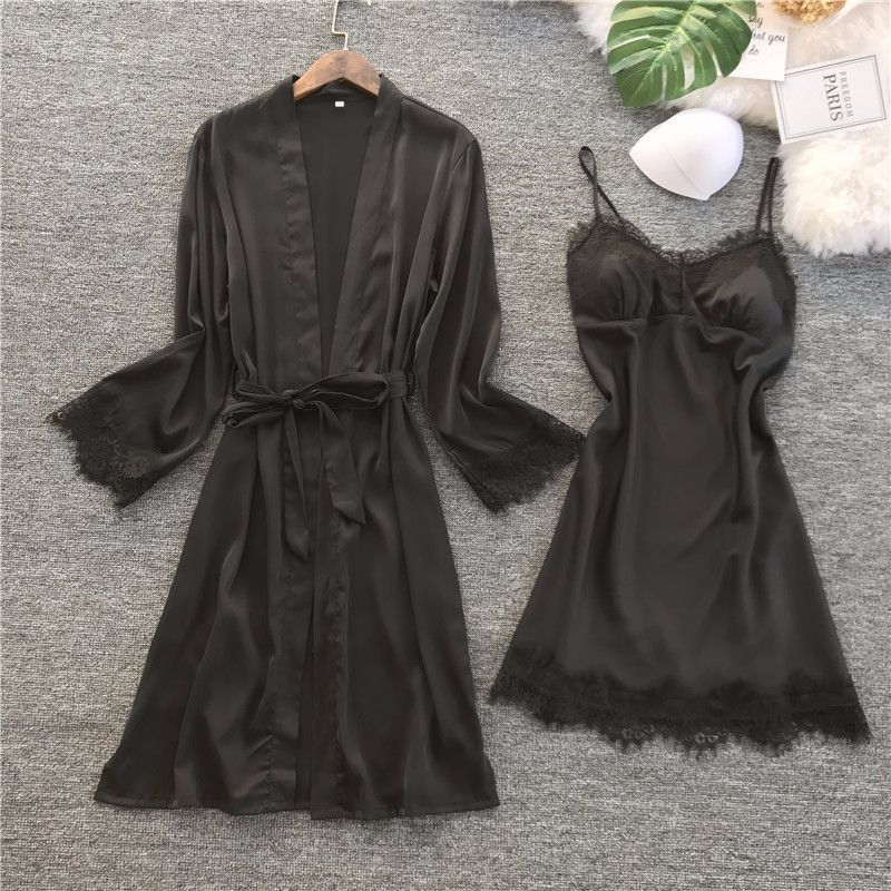 Satin Robe Sets Lace Intimate Sleepwear Bathrobe N... – Vicedeal