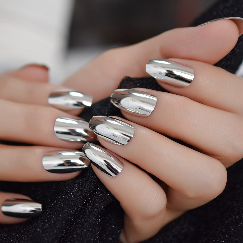 Bright Silver Artificial Mirror Nails Set Coffin S... – Grandado