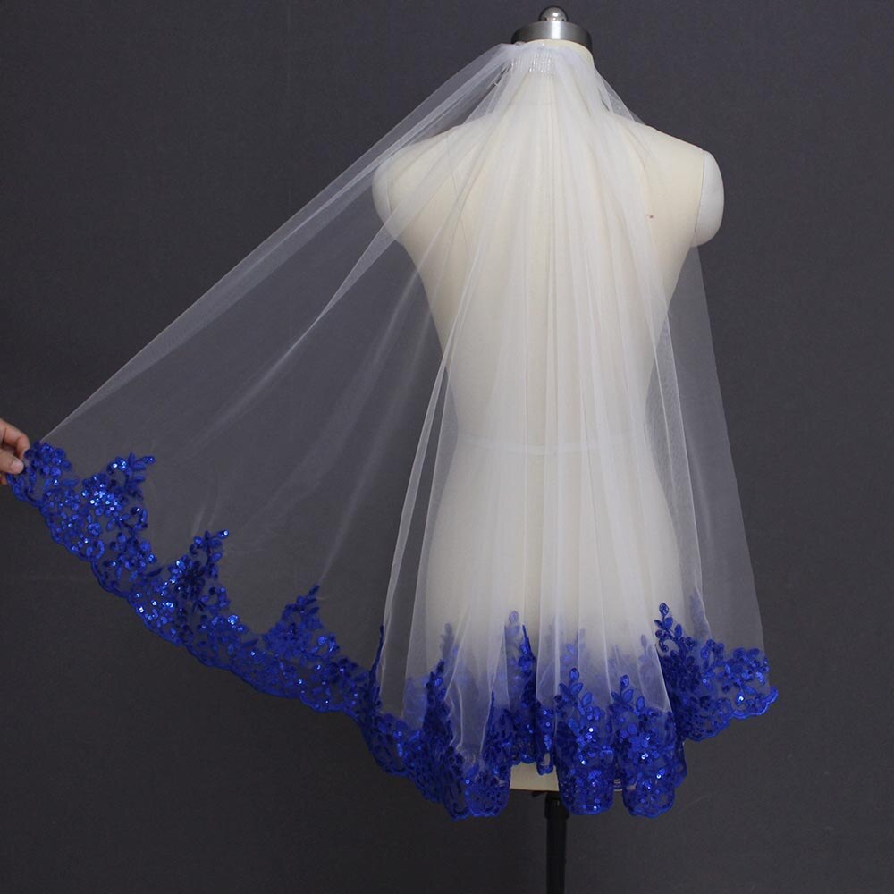 Royal Blue Sequined Lace White Ivory Bridal Veil O... – Grandado