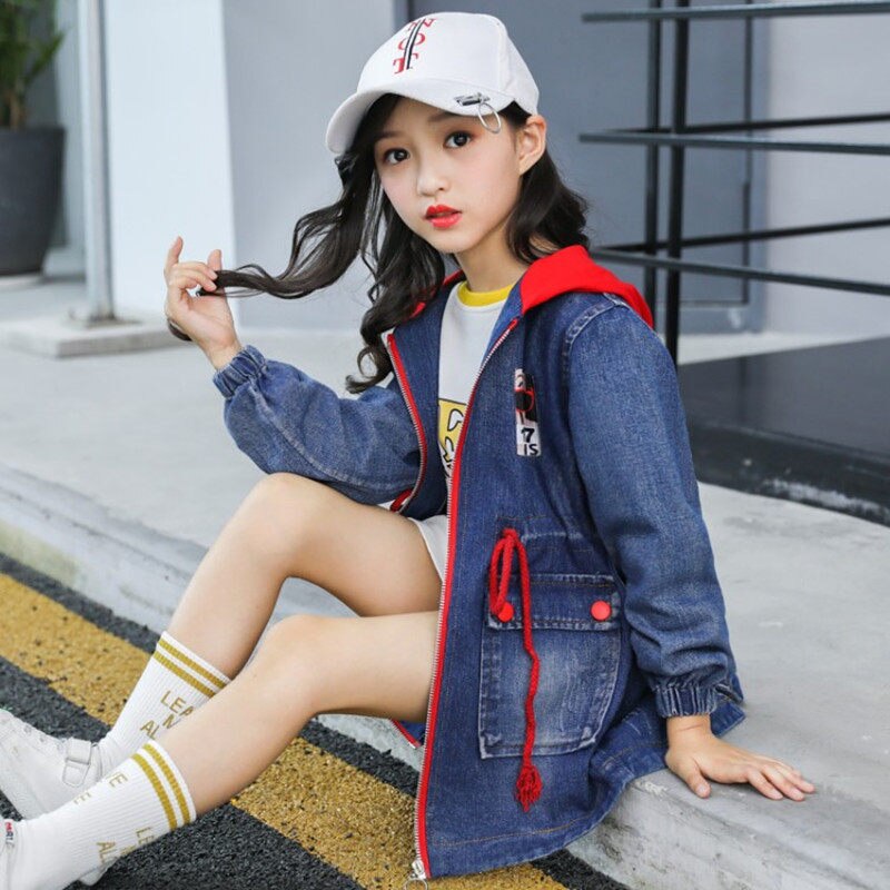 Long Style Cartoon Denim Jacket Red Hooded Girls S... – Grandado