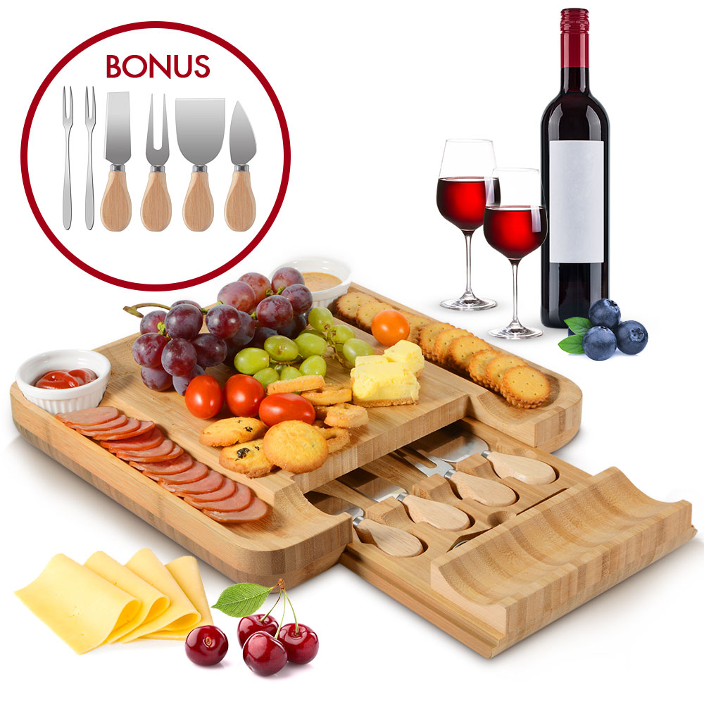 Cheese Board Set With 4 Knives Slide Out Drawer Se... – Grandado