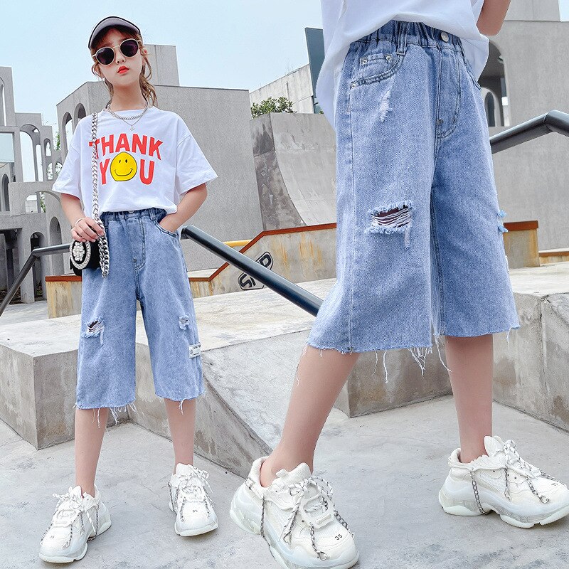 Summer Mid Waist Cotton Denim Shorts For Teen Girl... – Grandado