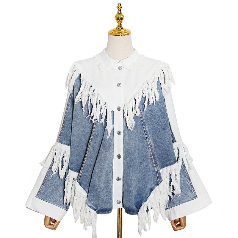 TWOTWINSTYLE Patchwork Tassel Denim Jacket For Wom... – Grandado