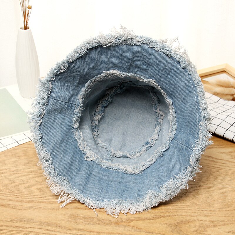 Denim Raw Edge Women Man Bucket Hat with Holes Cow... – Grandado